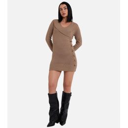 Kamelfarbenes Wickelstrick-Knopf-Detail Mini-Pullover-Kleid