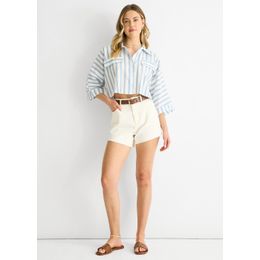 Blau gestreiftes Baumwoll-Crop-Shirt in &Uuml;bergr&ouml;&szlig;e