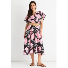 Schwarzes Midikleid mit Blumendruck und Engels&auml;rmeln mit G&uuml;rtel