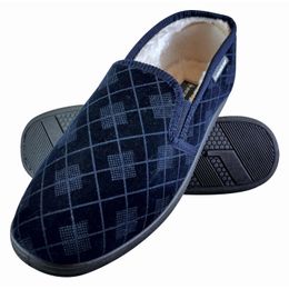 Dunlop - HERREN PL&Uuml;SCHPELZ GEF&Uuml;TTERT MEMORY FOAM KARIERT MOKASSIN HAUSSCHUHE MIT HARTER SOHLE
