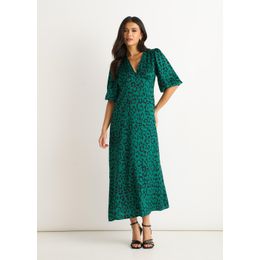 Gr&uuml;nes Satin-Midikleid mit Tiermuster