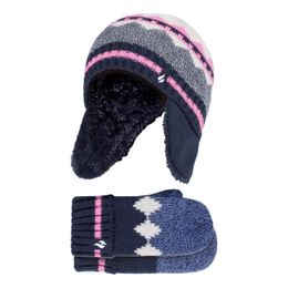 Heat Holders W&auml;rmehalter - Girls Nordic Pattern Fairisle Design Trapperm&uuml;tze mit Pom Pom und F&auml;ustlinge Handschuhe Set - Navy