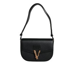 Versace Schwarze granulierte Kalbsleder-Logo-Crossbody-Schultertasche