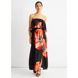 Schwarzes Bardot-R&uuml;schenschlitz-Midikleid aus Viskose