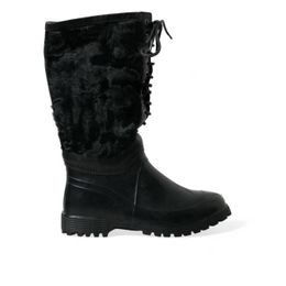 Dolce & Gabbana Dolce & Gabbana Schwarze Gummi Schn&uuml;rstiefel mit Lammfell f&uuml;r Regen
