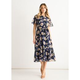 Marineblaues Midikleid mit Blumendruck und Schlaghose