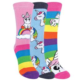 Childrens M&auml;dchen 3 Pack mythische Einhorn gestreift Regenbogen Thema Socken