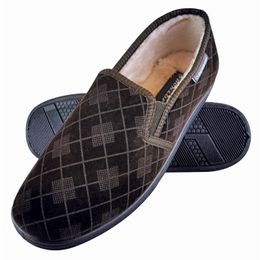Dunlop - HERREN PL&Uuml;SCHPELZ GEF&Uuml;TTERT MEMORY FOAM KARIERT MOKASSIN HAUSSCHUHE MIT HARTER SOHLE