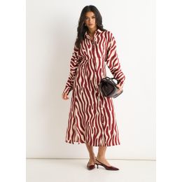 Burgunderfarbenes Hemdkleid mit Zebradruck und Fledermaus&auml;rmeln