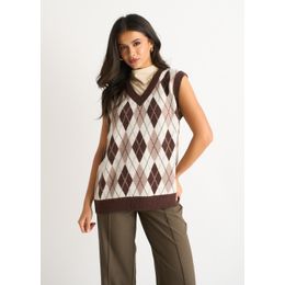 Pullover mit Argyle-Strickweste in Schokolade