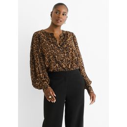 Braune Chiffon-Bluse im Animal-Print mit Falten und geradem Schnitt