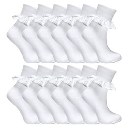 12 Paar Multipack White Frilly Lace Socken | 7 Gr&ouml;&szlig;en | Sock Snob | Girls Cute Cotton Rich School Socken - Wei&szlig;