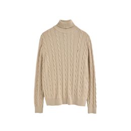 Rollkragenpullover beige aus Wollgemisch mit gestricktem Zopfmuster und gesticktem Rigby Go-Logo
