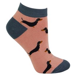 Damen Bambus Trainer Socken | Miss Sparrow | Atmungsaktive Low Cut Socken f&uuml;r Frauen - Sausage Dogs (Pink)