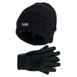 Damen Thinsulate M&uuml;tze und Handschuhe Set | THMO | Weiche Chenille gerippte Beanie M&uuml;tze & Handschuhe f&uuml;r Frauen - Schwarz