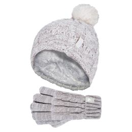 Heat Holders W&auml;rmehalter - Set aus Bommelm&uuml;tze und Handschuhen f&uuml;r M&auml;dchen | M&uuml;tze mit umgeschlagener Manschette und Kabelstrickhandschuhe - Haferflocken-Twist
