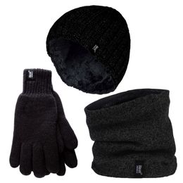 Heat Holders Herren M&uuml;tze, Halsw&auml;rmer & Handschuhe Set | W&auml;rmehalter | Winter gestricktes warmes Accessoires Set - Schwarz