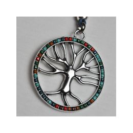 Steuer Modeschmuck Kette Lebensbaum mit bunter Zierde an blauem Veloursband