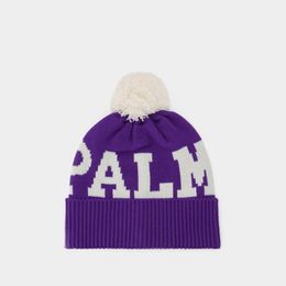 Palm Angels Logo-Bommel-M&uuml;tze in Lila und Wei&szlig;