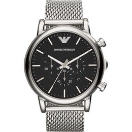 Emporio Armani Elegante Herrenuhr der Marke Armani. Die Uhr hat ein Armband, das auch kleiner gemacht werden kann, das Geh&auml;use hat einen Durchmesser von 46 mm und das Uhrwerk ist Quarz. Marke: ArmaniModellname: AR1808 (46mm)Kategorie: HerrenuhrMaterialien: EdelstahlFarbe: silber, schwarz