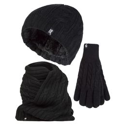 Heat Holders Damen-Set aus Strickm&uuml;tze, Schal und Handschuhen | W&auml;rmehalter | Mit Fleece gef&uuml;ttertes Thermo-Kaltwetter-Set f&uuml;r Damen f&uuml;r den Winter, Schwarz