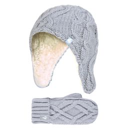Heat Holders W&auml;rmehalter - M&auml;dchen Majestic Soft Cosy Kabel gestrickt Design Bobble Trapper M&uuml;tze und Handschuhe Handschuhe Set - Frost Grey