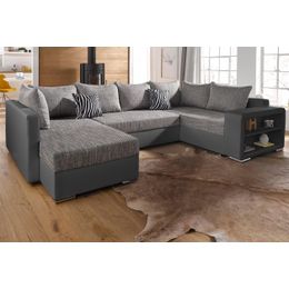 Wohnlandschaft Collection AB "John U-Form, B: 294 cm", schwarz (schwarz, grau), B:294cm H:80cm T:92cm, Kunstleder SOFTLUX / Struktur ( 20% Polyacryl, 80% Polyester );Zierkissen: 100% Polyester;Microfaser PRIMABELLE (100% Polyester) / Struktur ( 20% Polyacryl, 80% Polyester ), Sofas, Wohnlandschaft, Bettfunktion, Bettkasten, Regalelement & 2 Zierkissen, Federkern