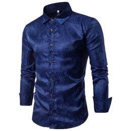 Allthemen Marineblaues Slim Fit-Hemd mit Paisley-Stickerei