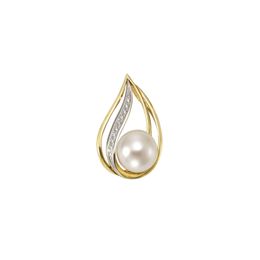 OROLINO Anh&auml;nger Gold 585 zweifarbig mit wei&szlig;er Perle 9,5-10mm + 10x Brillant zus. 0,04ct.