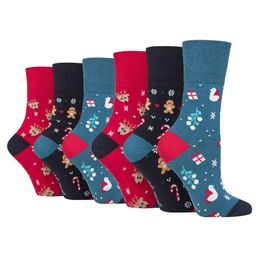 Gentle Grip - 6 Paar Damen Neuheit Weihnachten Socken - blau / rot / grau