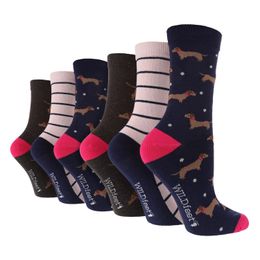 6 Pack Damen Fun Design Socken | Wildfeet | Niedliche Neuheit Tiermuster Socken - Dashchund