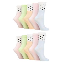 Wildfeet - 10er Pack Damen Bambus Crew Socken mit Punkten, Leoparden- und Blumenmuster - Spots Pastell