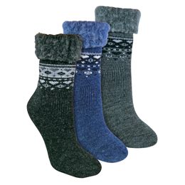 3er-Pack Bettsocken aus Wolle im nordischen Design - Schwarz/Charcoal/Denim
