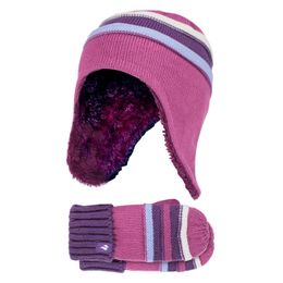 Heat Holders W&auml;rmehalter - M&auml;dchen Winter Warm Pom Pom Bobble Beanie M&uuml;tze und Handschuhe Set - Rot Violett