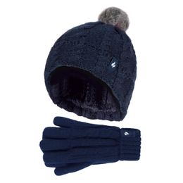 Heat Holders W&auml;rmehalter - Girls Bobble Pom Pom Hat and Gloves Set | Turn Over Cuff Hat & Cable Knit Gloves Style - Navy