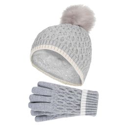 Heat Holders - Thermoisolierte Pom Pom Bommelm&uuml;tze und Handschuhe f&uuml;r M&auml;dchen | Bunte Pastellfarben - Wolkengrau