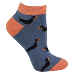 Damen Bambus Trainer Socken | Miss Sparrow | Atmungsaktive Low Cut Socken f&uuml;r Frauen - Sausage Dogs (Blau)