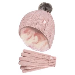 Heat Holders W&auml;rmehalter - M&auml;dchen Bommel Pom Pom M&uuml;tze und Handschuhe Set | Turn Over Cuff Hat & Cable Knit Gloves Style - Dusky Pink
