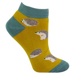 Damen Bambus Trainer Socken | Miss Sparrow | Atmungsaktive Low Cut Socken f&uuml;r Frauen - Igel (Gelb)