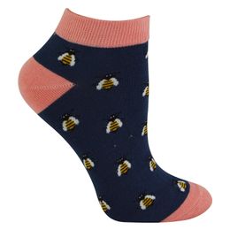 Damen Bambus Trainer Socken | Miss Sparrow | Atmungsaktive Low Cut Socken f&uuml;r Frauen - Honey Bees (Navy)