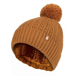 Ladies Thermal Cable Beanie Hat | Heat Holders | Winter Knitted Pom Pom Hat | Soft Ribbed Bobble Hat - Senf