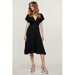 Schwarzes Jersey Midi-Kleid mit Knotenfront