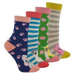 Miss Sparrow - 4 Pack M&auml;dchen Bambus Socken | Kinder Neuheit Tiermuster Socken in einem Geschenkkarton - sortiert