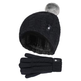 Heat Holders W&auml;rmehalter - Girls Bobble Pom Pom Hat and Gloves Set | Turn Over Cuff Hat & Cable Knit Gloves Style - Schwarz