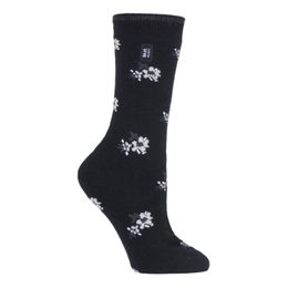 Heat Holders Damen Ultra Lite Thermo-Socken mit geb&uuml;rstetem Innengarn, Schwarz, Blumenmuster (Bellis)