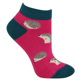 Damen Bambus Trainer Socken | Miss Sparrow | Atmungsaktive Low Cut Socken f&uuml;r Frauen - Igel (Hot Pink)