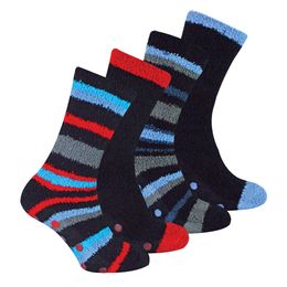 4 Paar Herren Bettsocken |Thermal Anti-Rutsch Fuzzy Slipper Socken - Blau / Rot gestreift