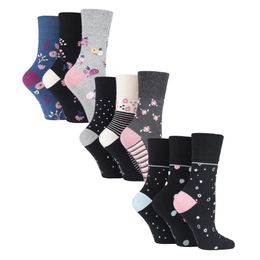 9 Paar Multipack Ladies Cotton Crew Non Elastic Socks | Gentle Grip | Womens Soft Top Striped Patterned Non Binding Socks - Floral Spot