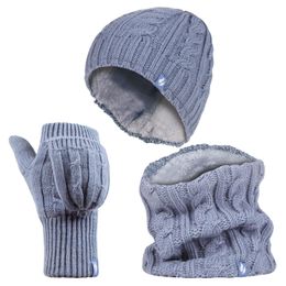 Heat Holders - Womens Thermal Winter Fleece M&uuml;tze, Halsw&auml;rmer und Konverter Handschuhe Set - Dusky Blue