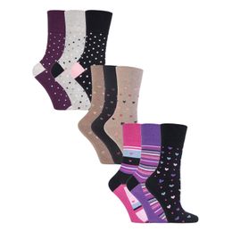 9 Paar Multipack Ladies Cotton Crew Non Elastic Socks | Gentle Grip | Womens Soft Top Striped Patterned Non Binding Socks - Heart Mix